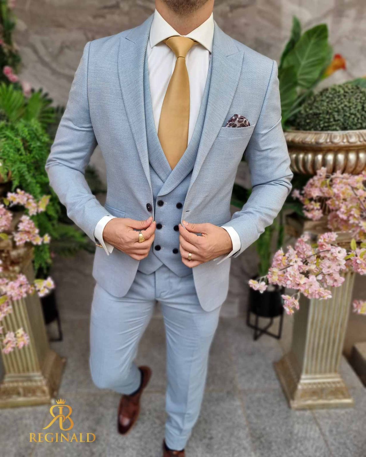 Costum elegant bleu cu insertii bej, set: 3 piese - C4415